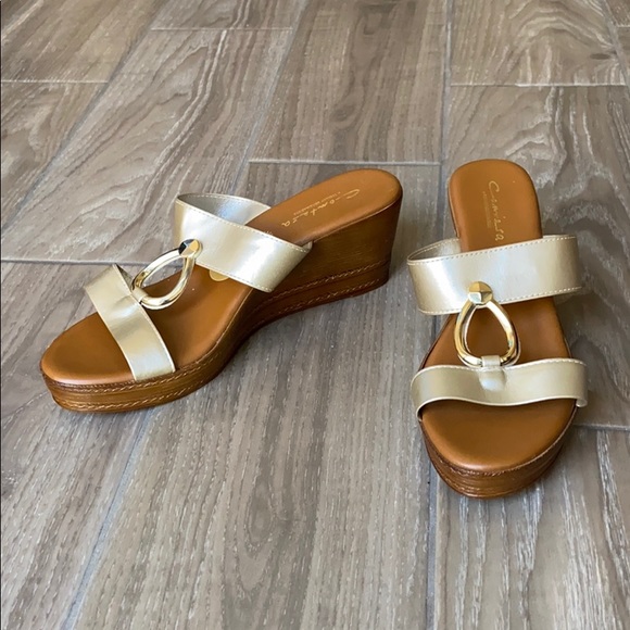 Shoes | Gold Double Strap Wedge Heel Sandals | Poshmark